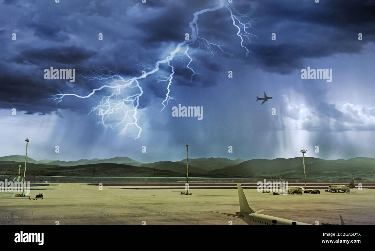 bad weather and storm with lightning bolt at airport Stock Photo - Alamy