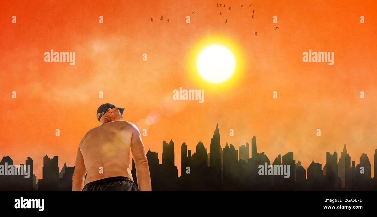 man suffering from hot weather and pollution in city, scorching summer ...