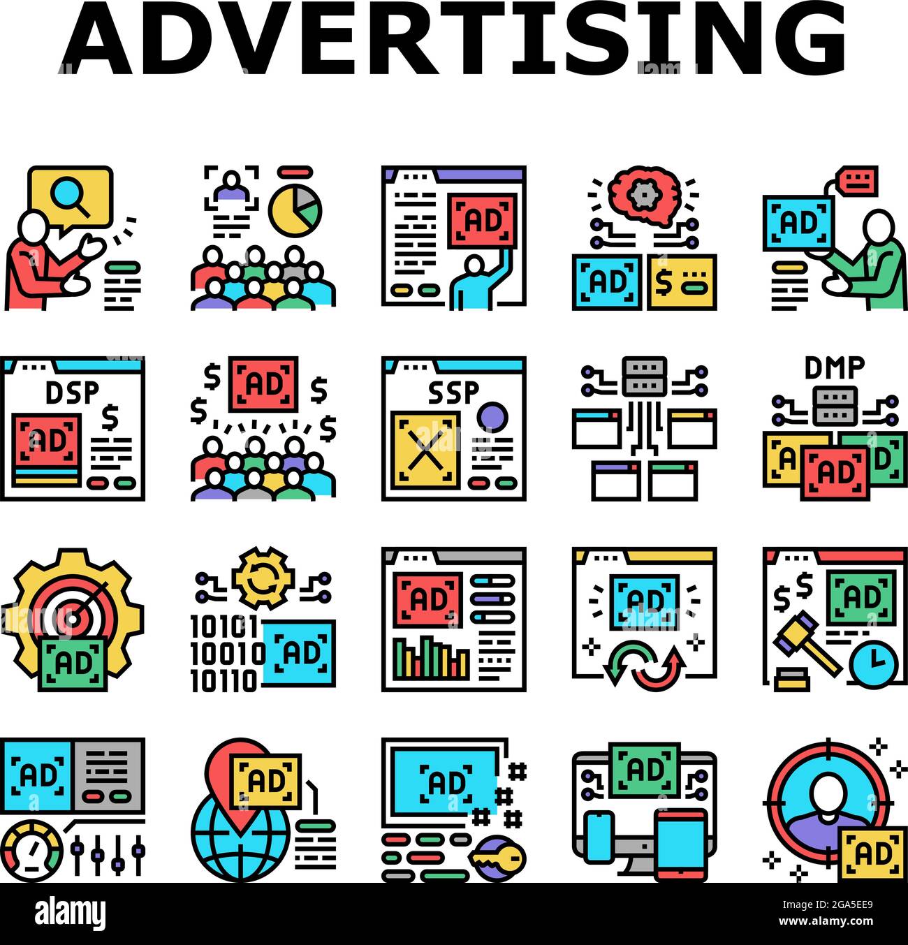 Programmatic Advertising Service Icons Set Vector Stock Vector Image ...