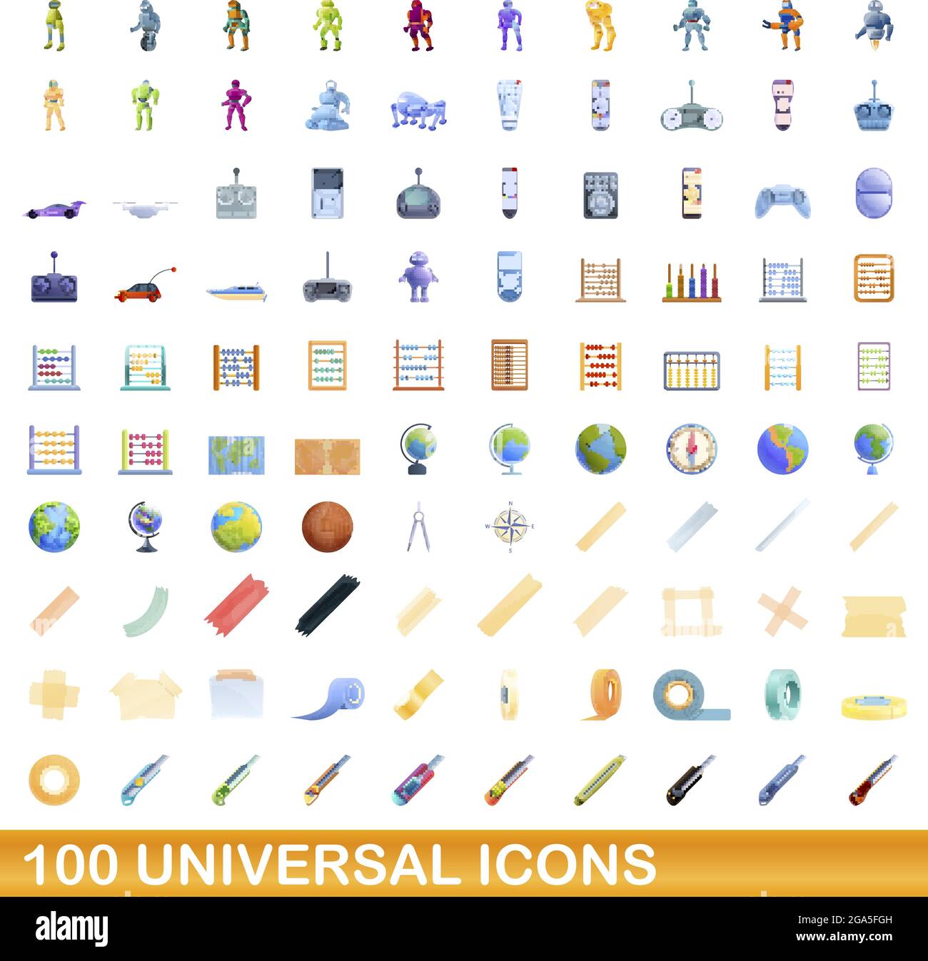 100 universal icons set. Cartoon illustration of 100 universal icons ...