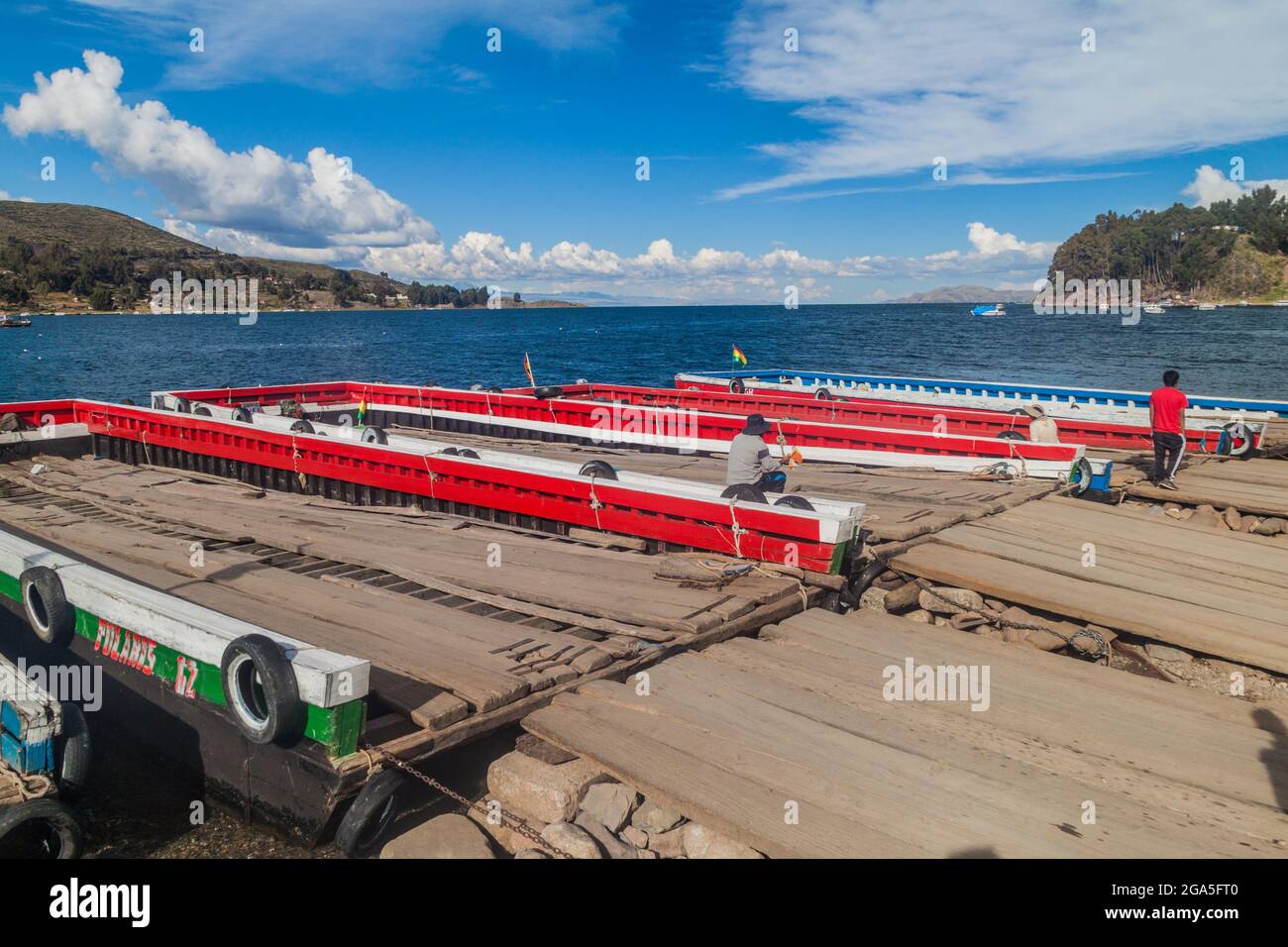 TIQUINA STRAIT, BOLIVIA - MAY 11, 2015: Rafts are prepared for ...