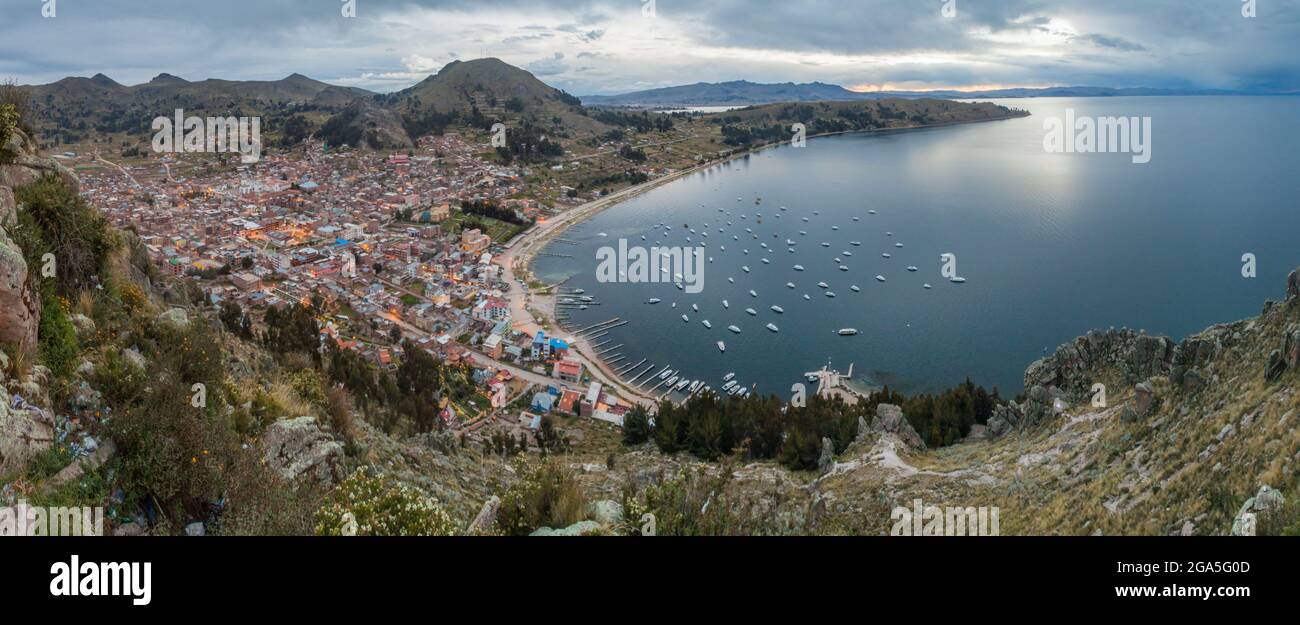 Aerial view of Copacabana town on the coast of Titicaca lake, Bolivia ...