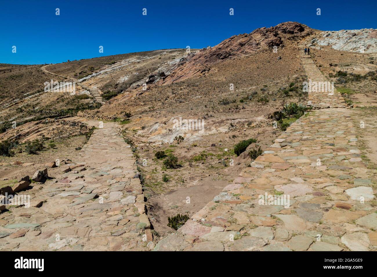 Ancient Inca trail at Isla del Sol (Island of the Sun) in Titicaca lake ...