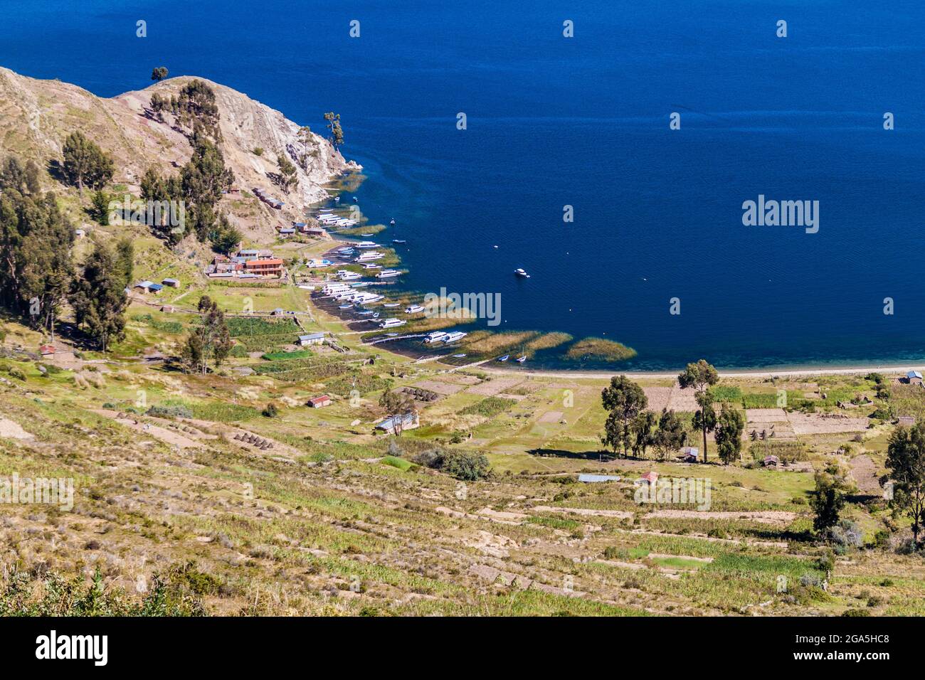 Port on Isla del Sol (Island of the Sun) in Titicaca lake, Bolivia ...