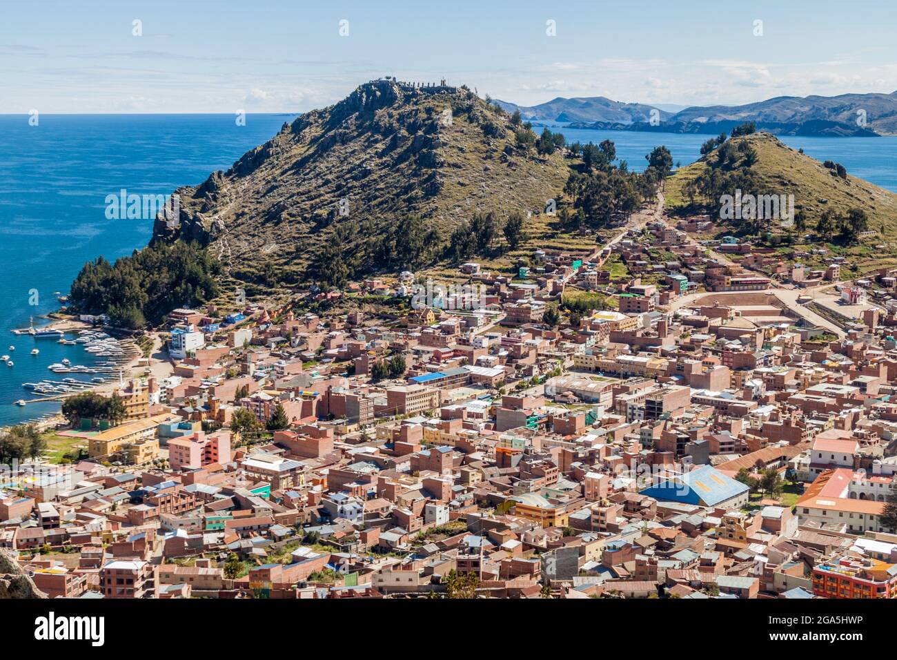 Aerial view of Copacabana town on the coast of Titicaca lake, Bolivia ...