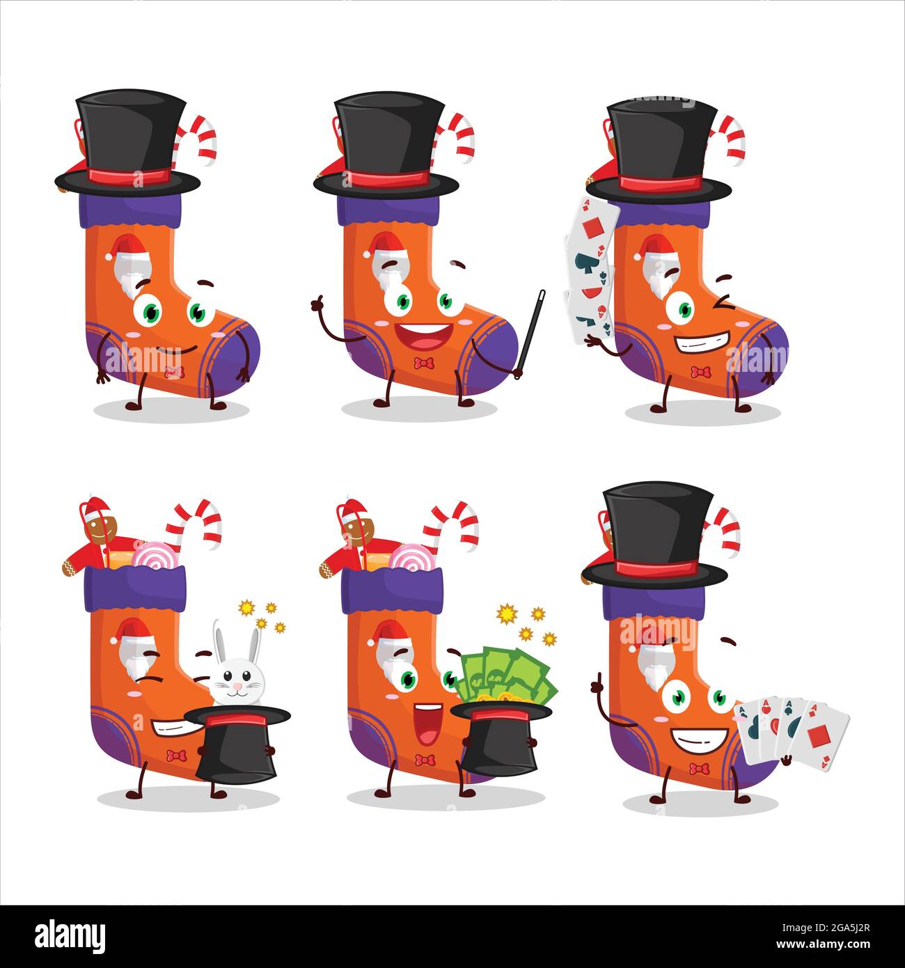 A christmas socks with gift Magician cartoon character perform on a ...
