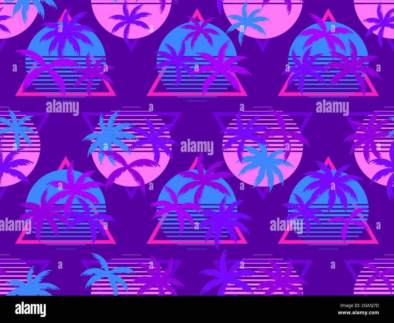 Palm trees and retro sun in the style of the 80s. Seamless pattern in ...