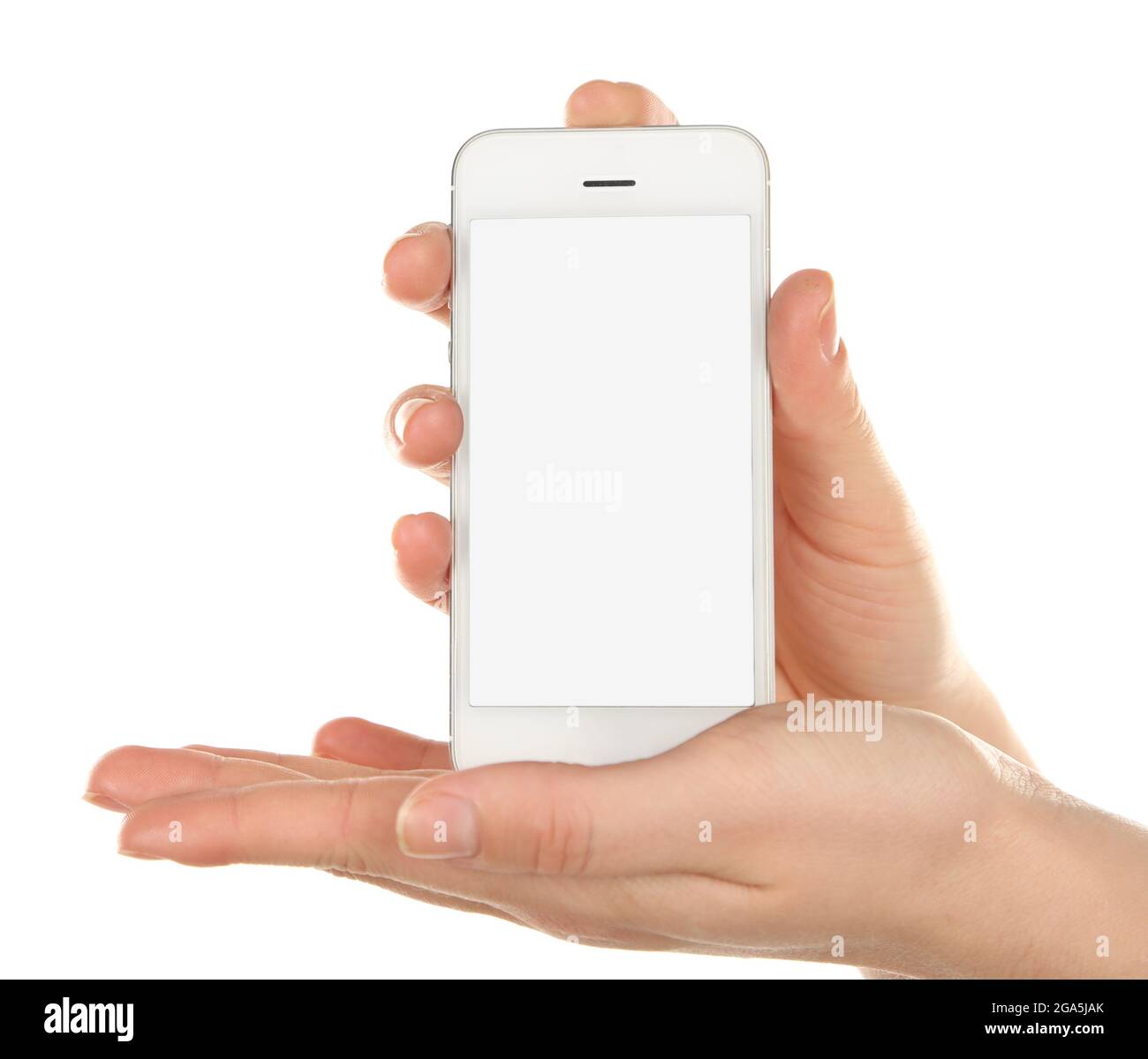 Hands holding mobile smart phone isolated on white Stock Photo - Alamy