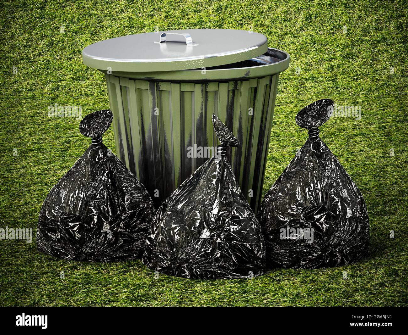 Garbage bags around the metal trashcan. 3D illustration Stock Photo - Alamy