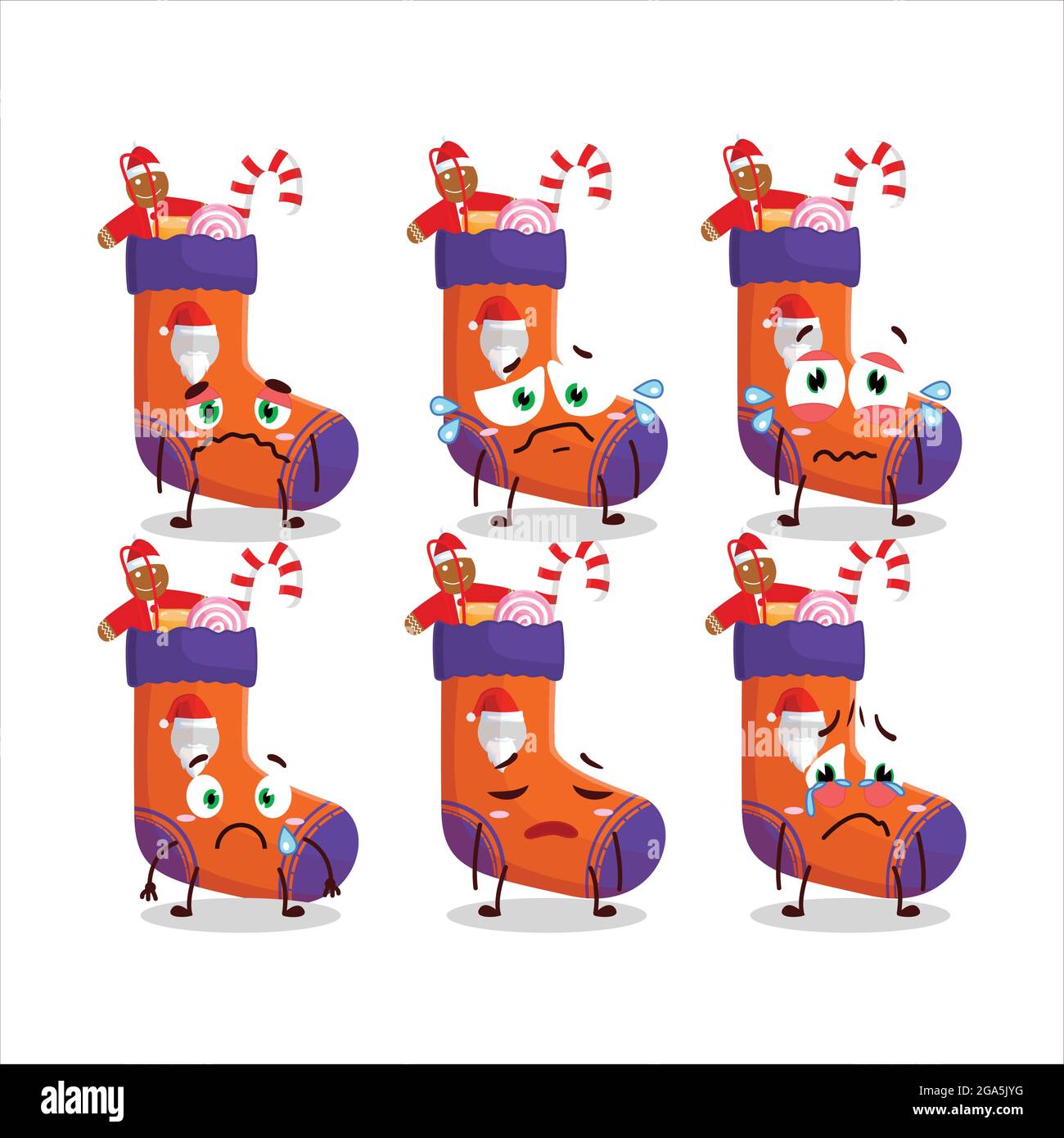 Christmas socks with gift cartoon character with sad expression. Vector ...