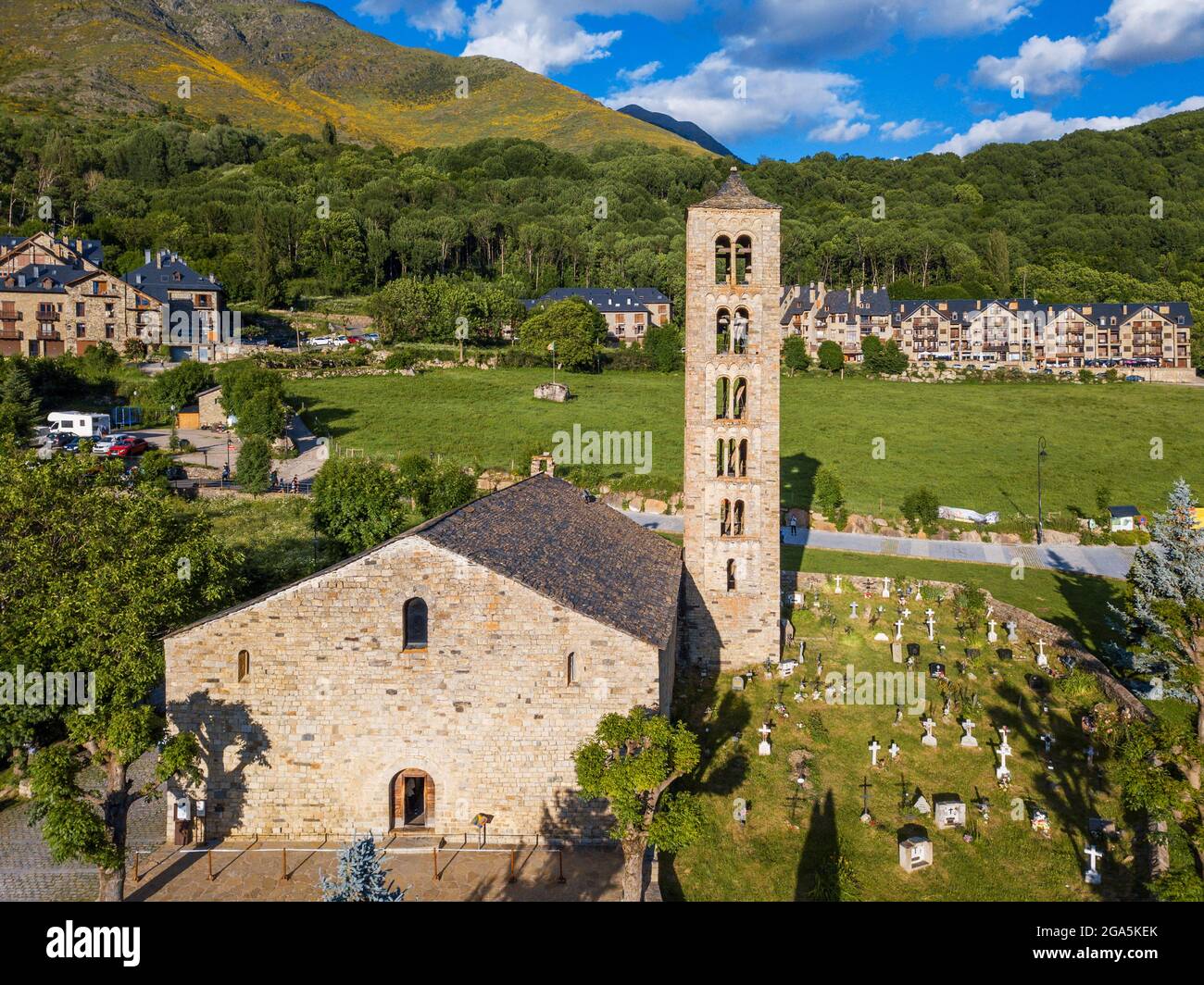 Aerial view of Taüll Village and Romanesque church of Sant Climent de ...