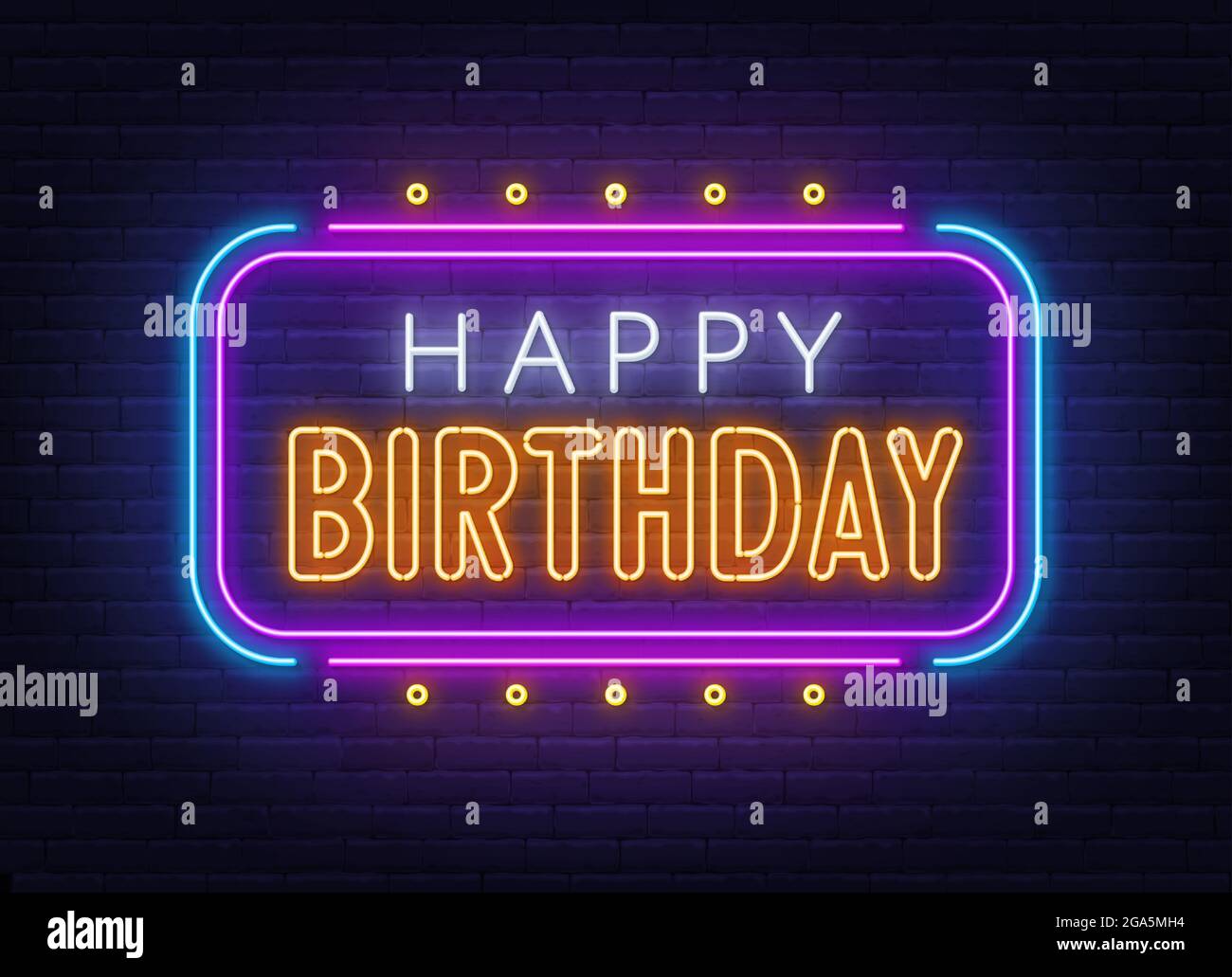 Happy birthday neon sign. Greeting card on brick wall background Stock ...