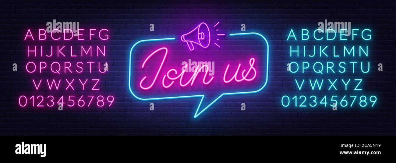 Join us neon sign in the speech bubble on brick wall background. Neon ...