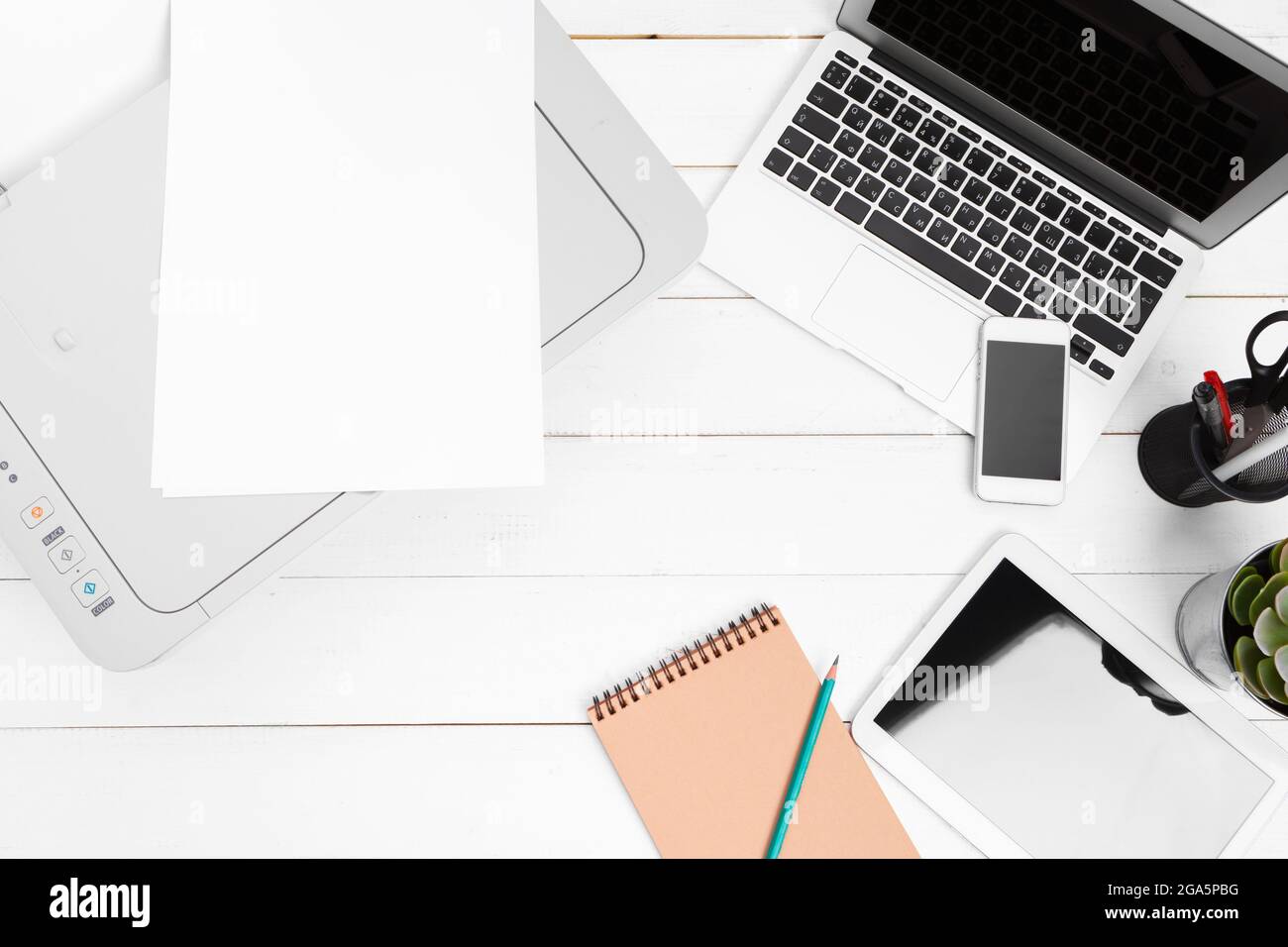 Printer and computer. Office table. Top view Stock Photo - Alamy