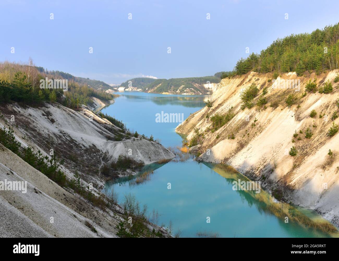 Artificial lake in a chalk quarry in Belarus at Krasnoselsky. Turquoise ...