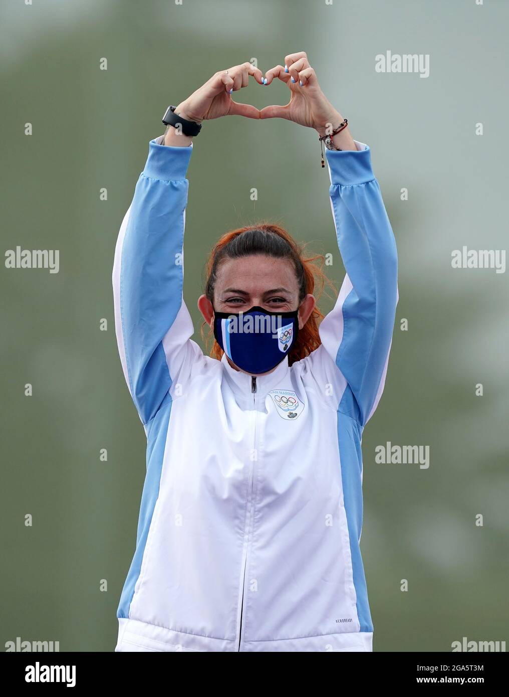 San Marino's Alessandra Perilli celebrates on the podium after winning ...