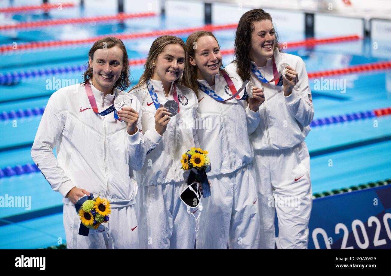 Tokyo, Kanto, Japan. 29th July, 2021. USA relay team pose with their ...