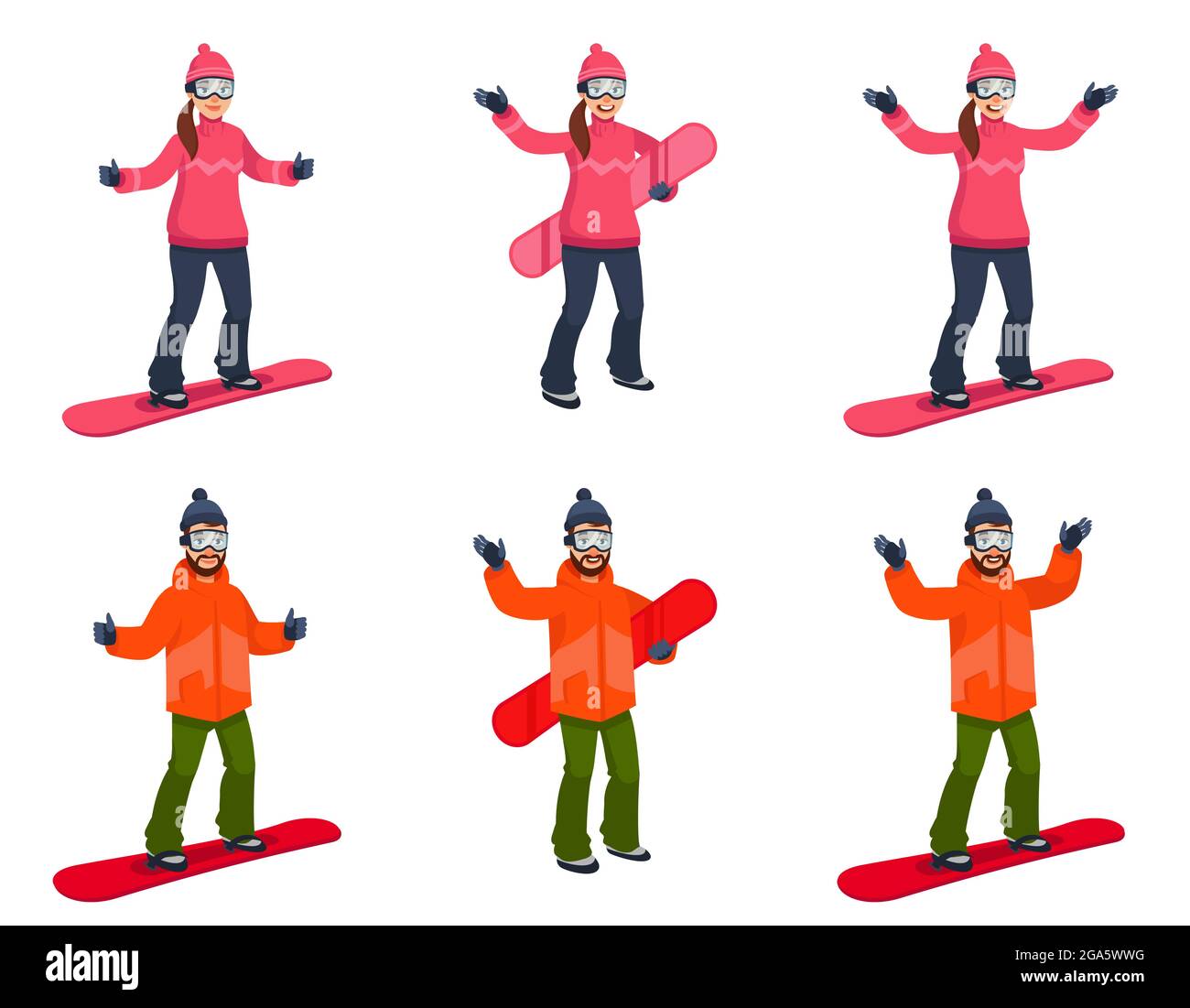 Snowboarders in different poses. Male and female characters in cartoon ...