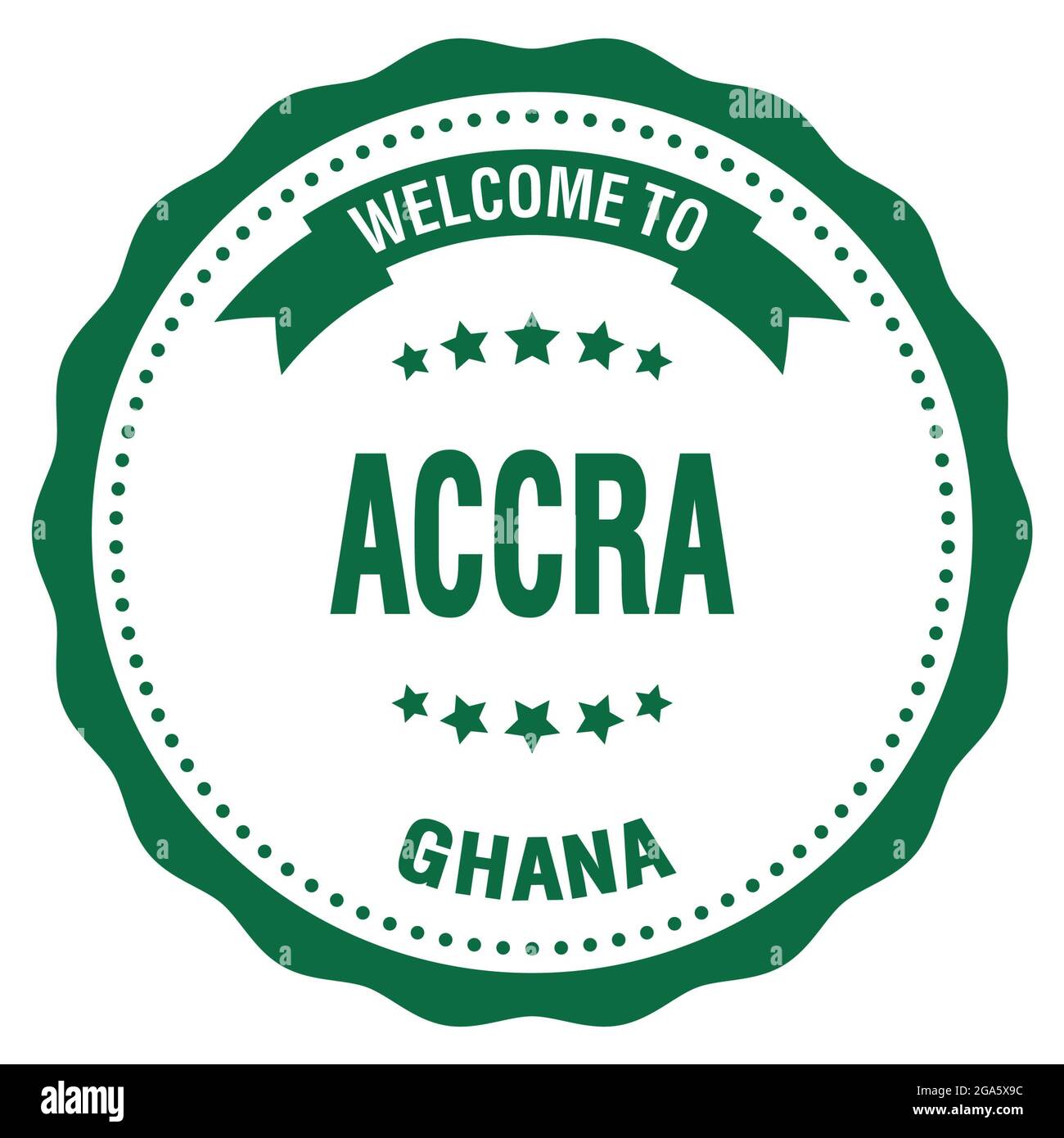 WELCOME TO ACCRA - GHANA, words written on green round badge stamp ...