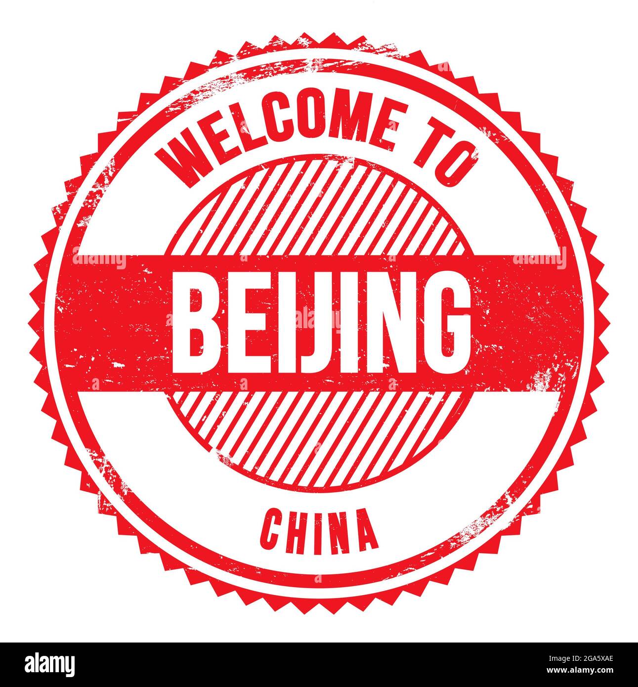 WELCOME TO BEIJING - CHINA, words written on red zig zag stamp Stock ...