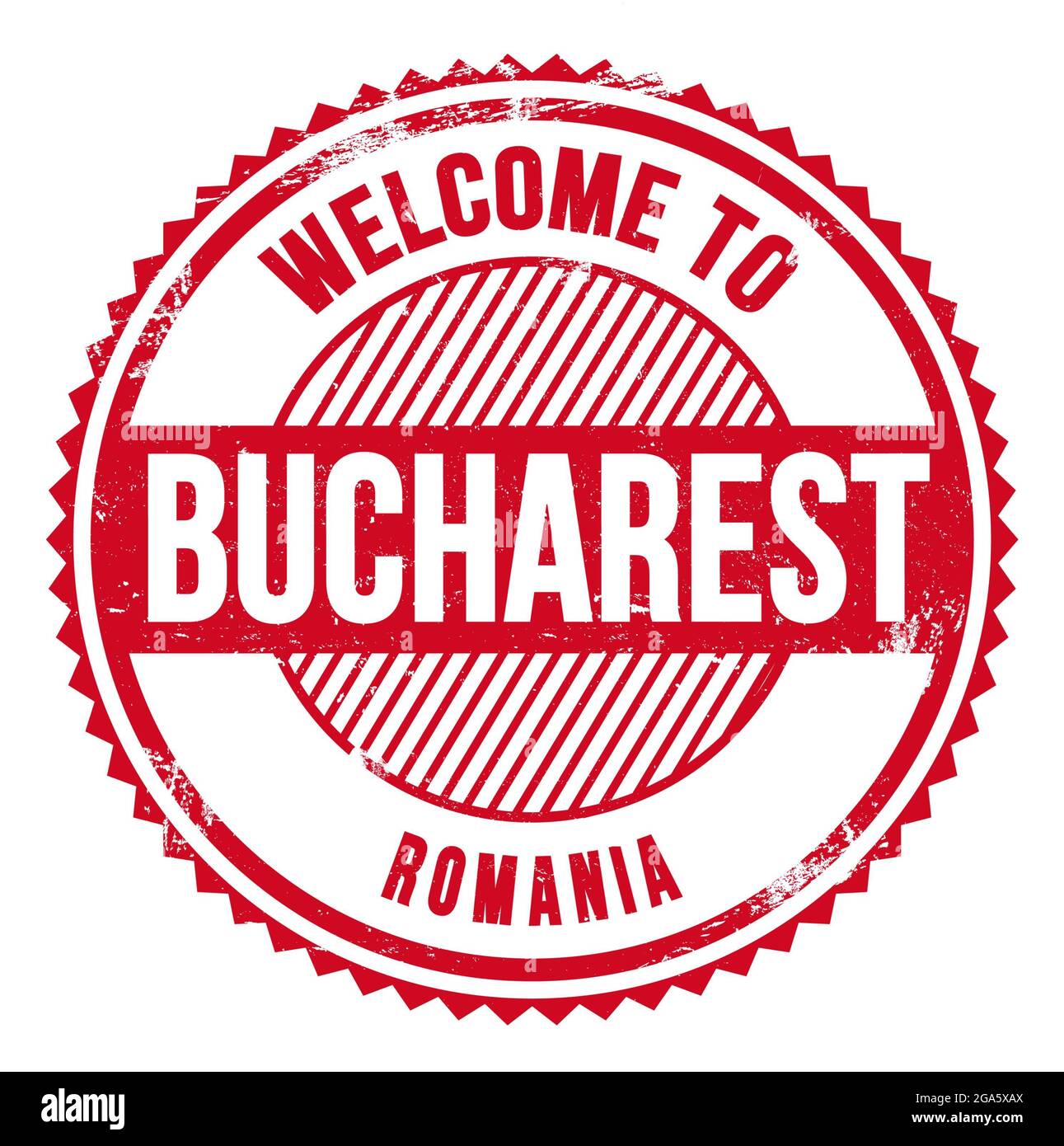WELCOME TO BUCHAREST - ROMANIA, words written on red zig zag stamp ...