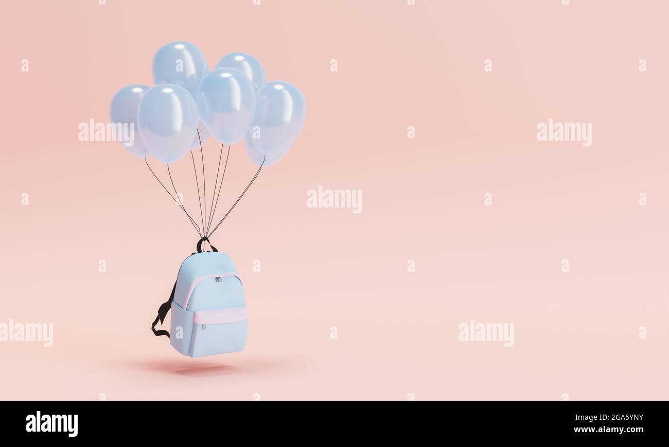school backpack with balloons floating in the air in concept of back to ...