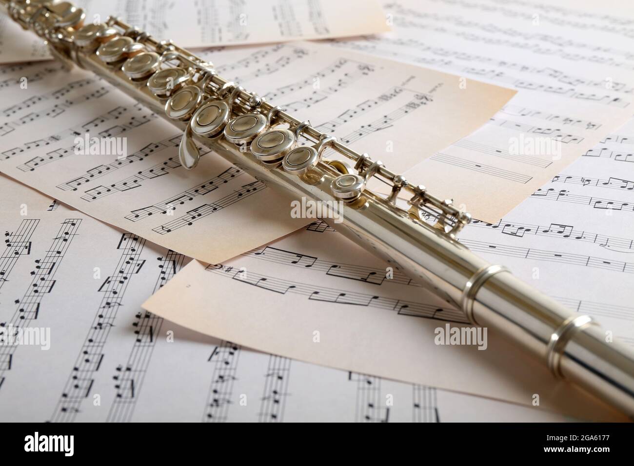 Flute on music notes background Stock Photo - Alamy