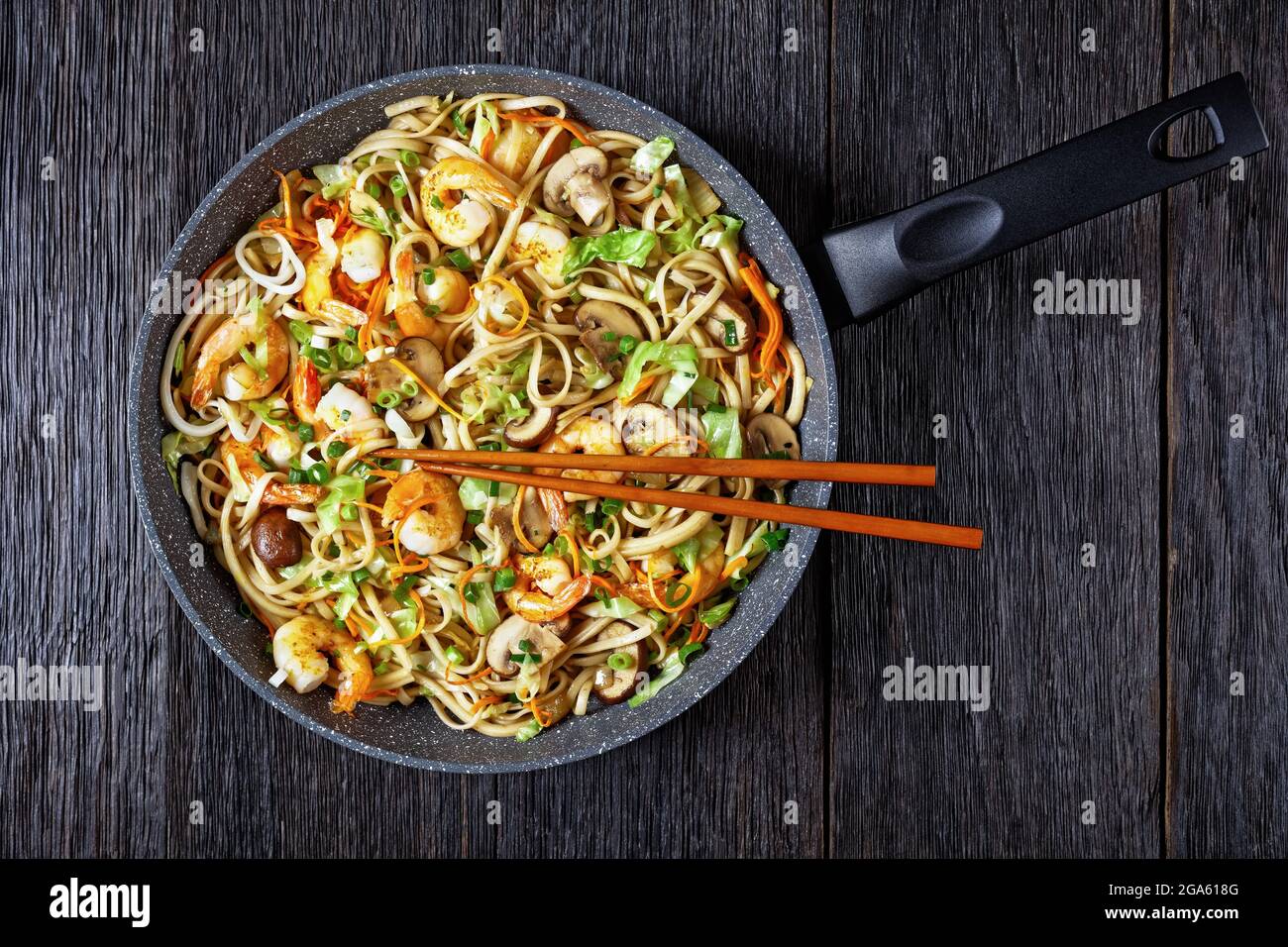 Prawn Yaki Udon, stir fried udon noodles with shrimps, cabbage ...