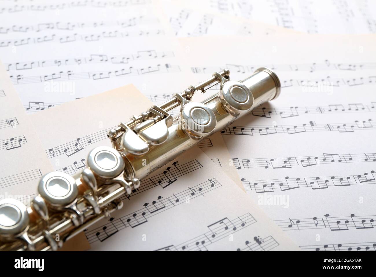 Flute on music notes background Stock Photo - Alamy