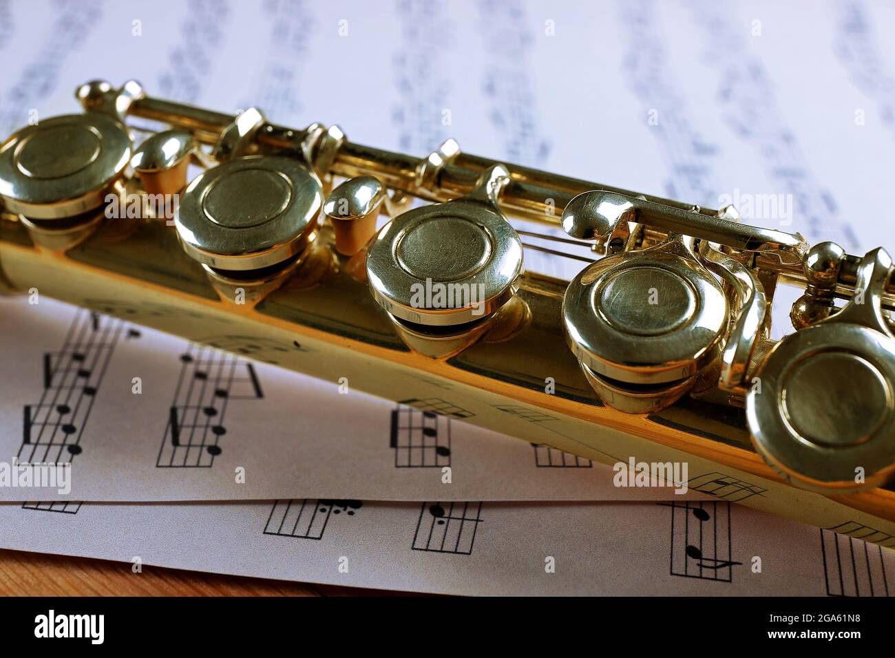 Silver flute on music notes background Stock Photo - Alamy