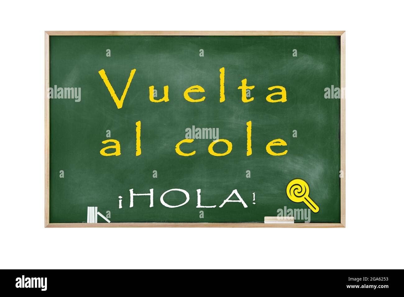 Illustrated Spanish text meaning back to school and hello on a green ...