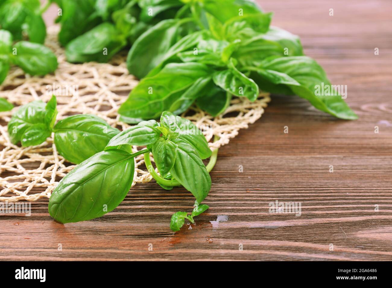 Green fresh basil with wicker stand on table close up Stock Photo - Alamy