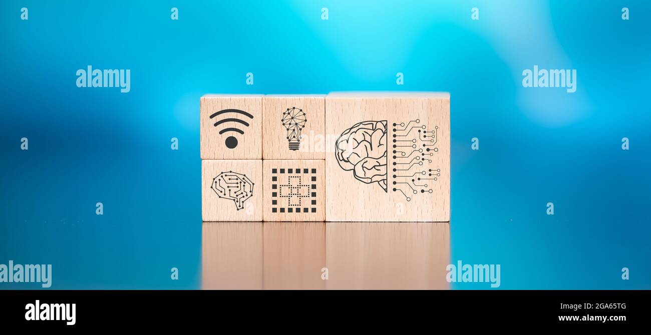 Wooden blocks with symbol of digital disruption concept on blue ...