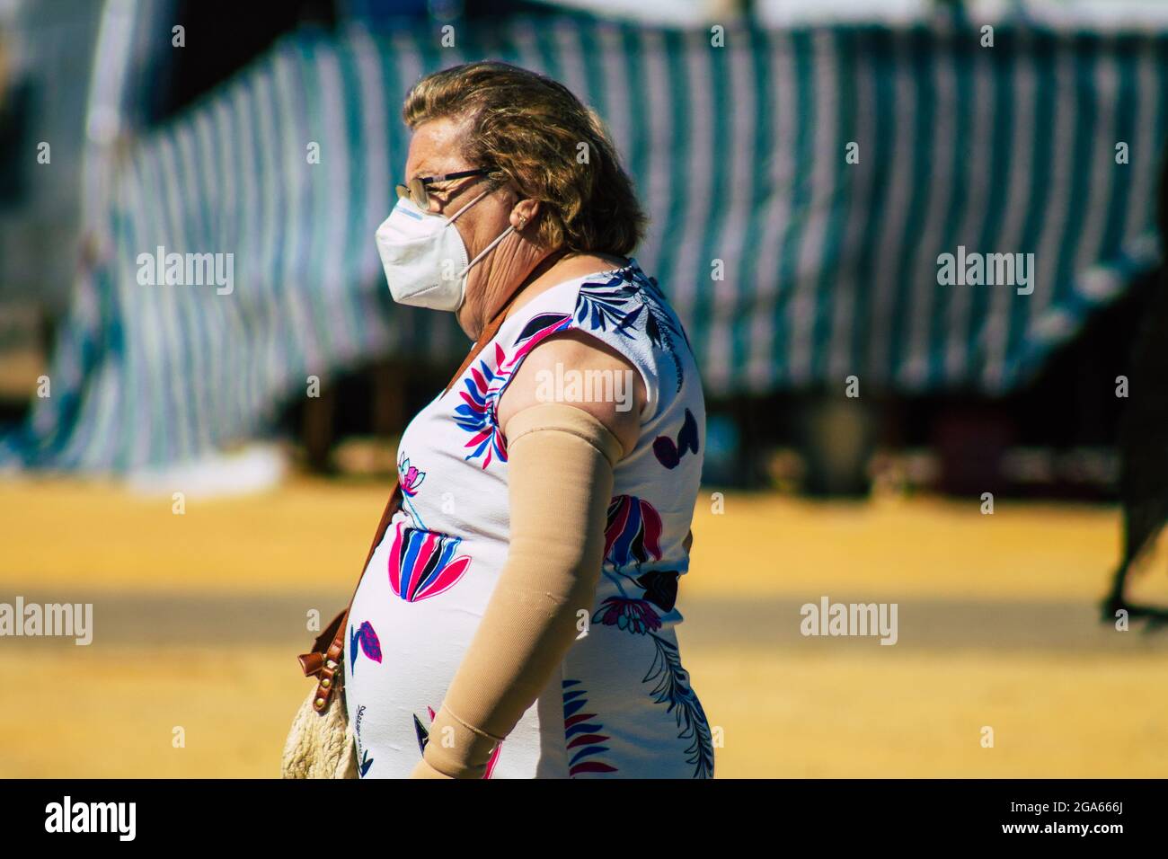 Carmona Spain July 26, 2021 Unidentified Spanish people with face mask ...