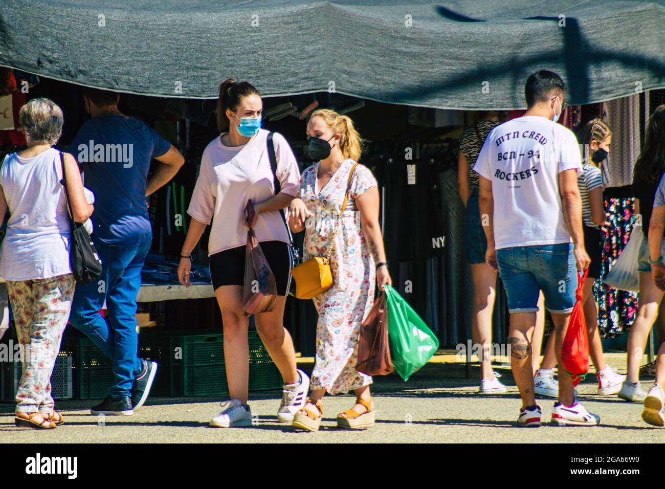 Carmona Spain July 26, 2021 Unidentified Spanish people with face mask ...