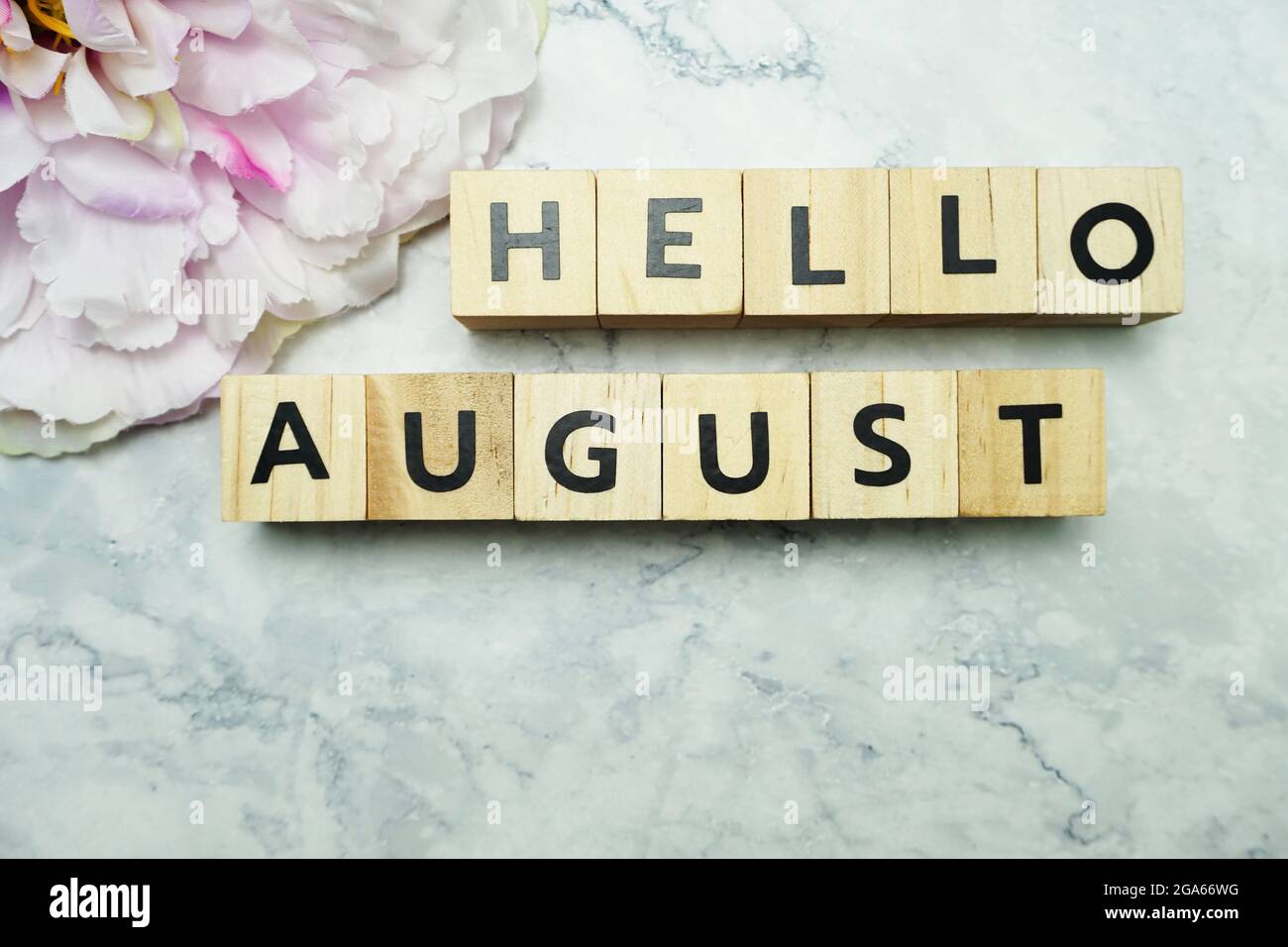 Hello August alphabet letters with flower decoration on marble ...
