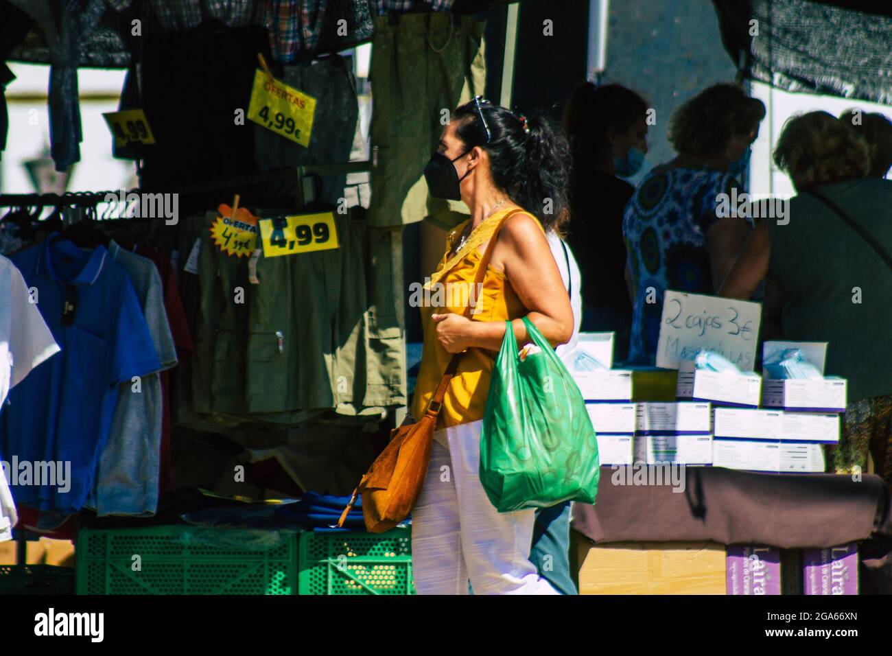 Carmona Spain July 26, 2021 Unidentified Spanish people with face mask ...
