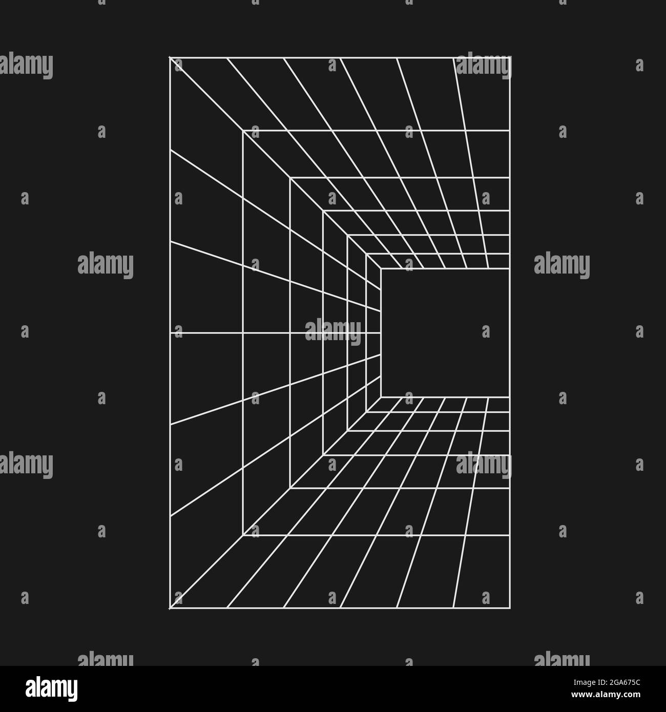 Retrofuturistic perspective grid tunnel. Cyber retro design element. Wireframe tunnel in ...