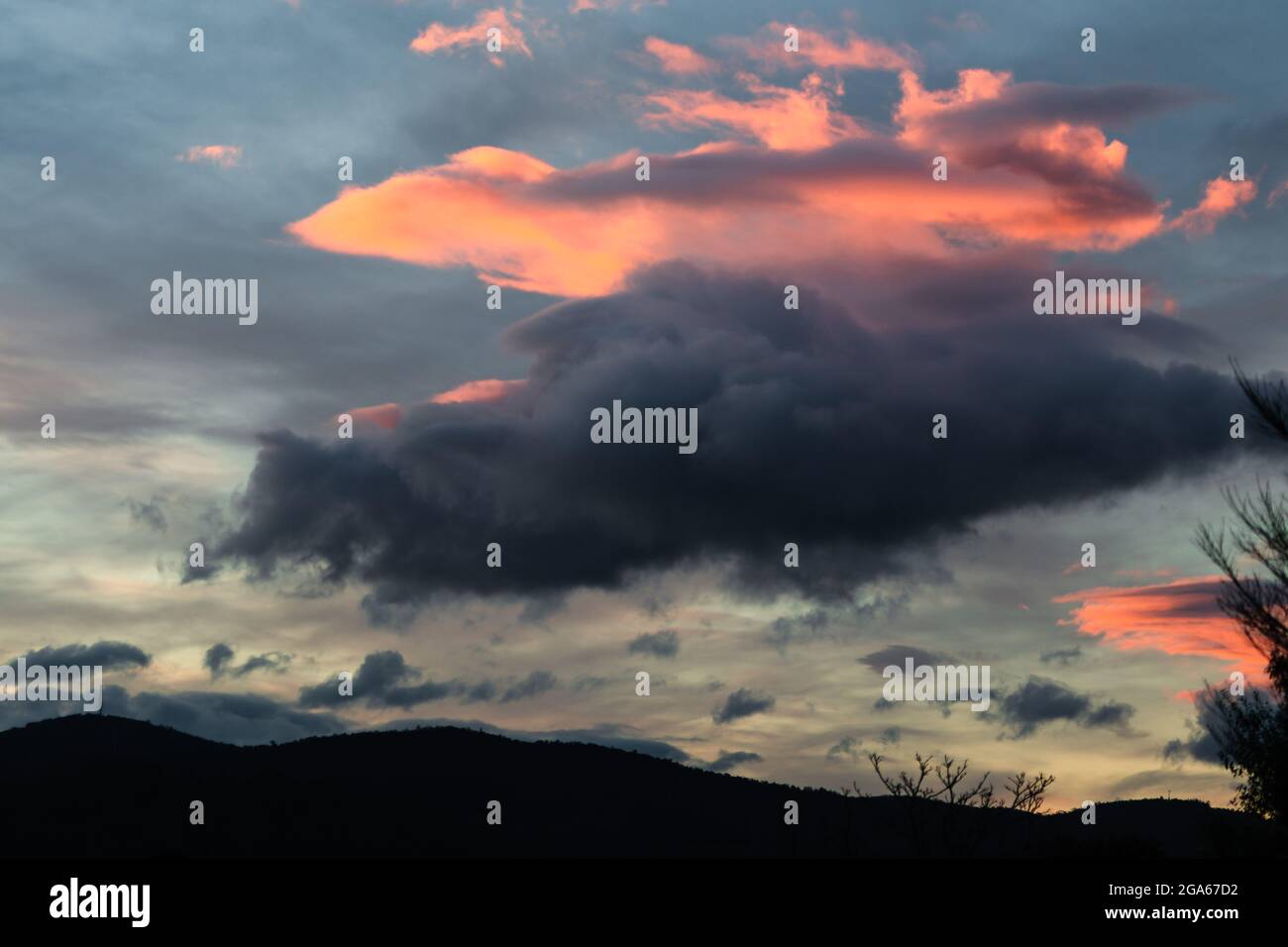 pink sunset clouds over the mountains and thick vegetation shot in ...