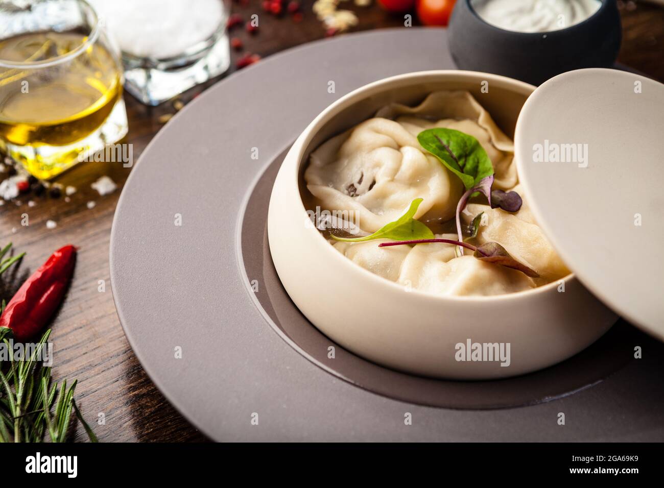 Black Angus beef hand-made dumplings. Cucumber-julienne with chilli ...
