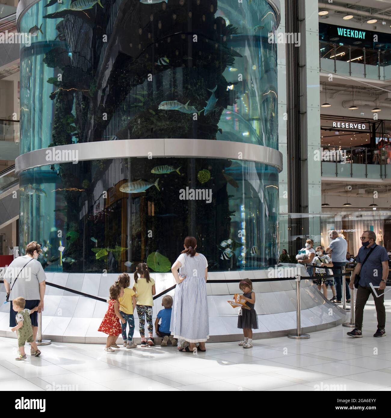 Moscow, Russia - July 2021, Tallest cylindrical aquarium in the world ...