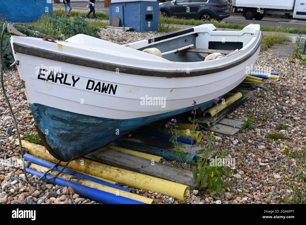 Fishing Boat ashore on Shoreham seafront, East Sussex, UK Stock Photo ...