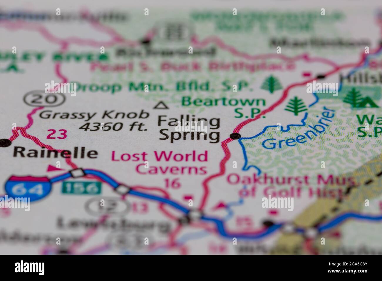 Falling Springs West Virginia USA shown on a road map or Geography map ...