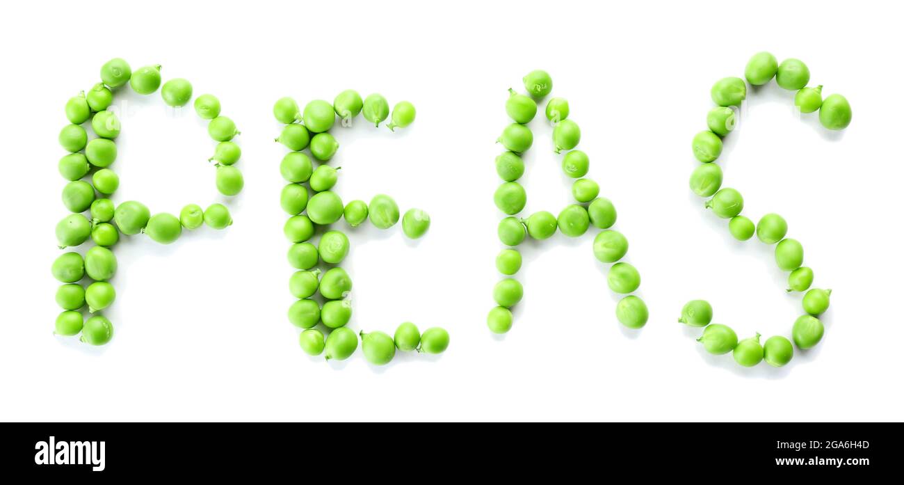 Word Peas made of green fresh peas isolated on white Stock Photo - Alamy