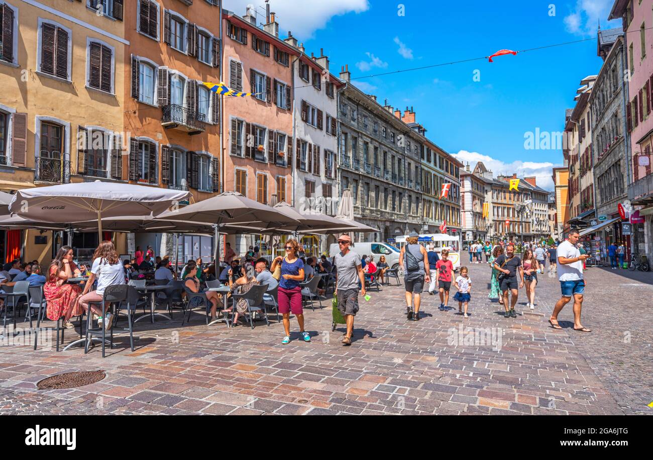 Tourists on the Place Saint-Leger in Chambery on a summer day. Chambery ...