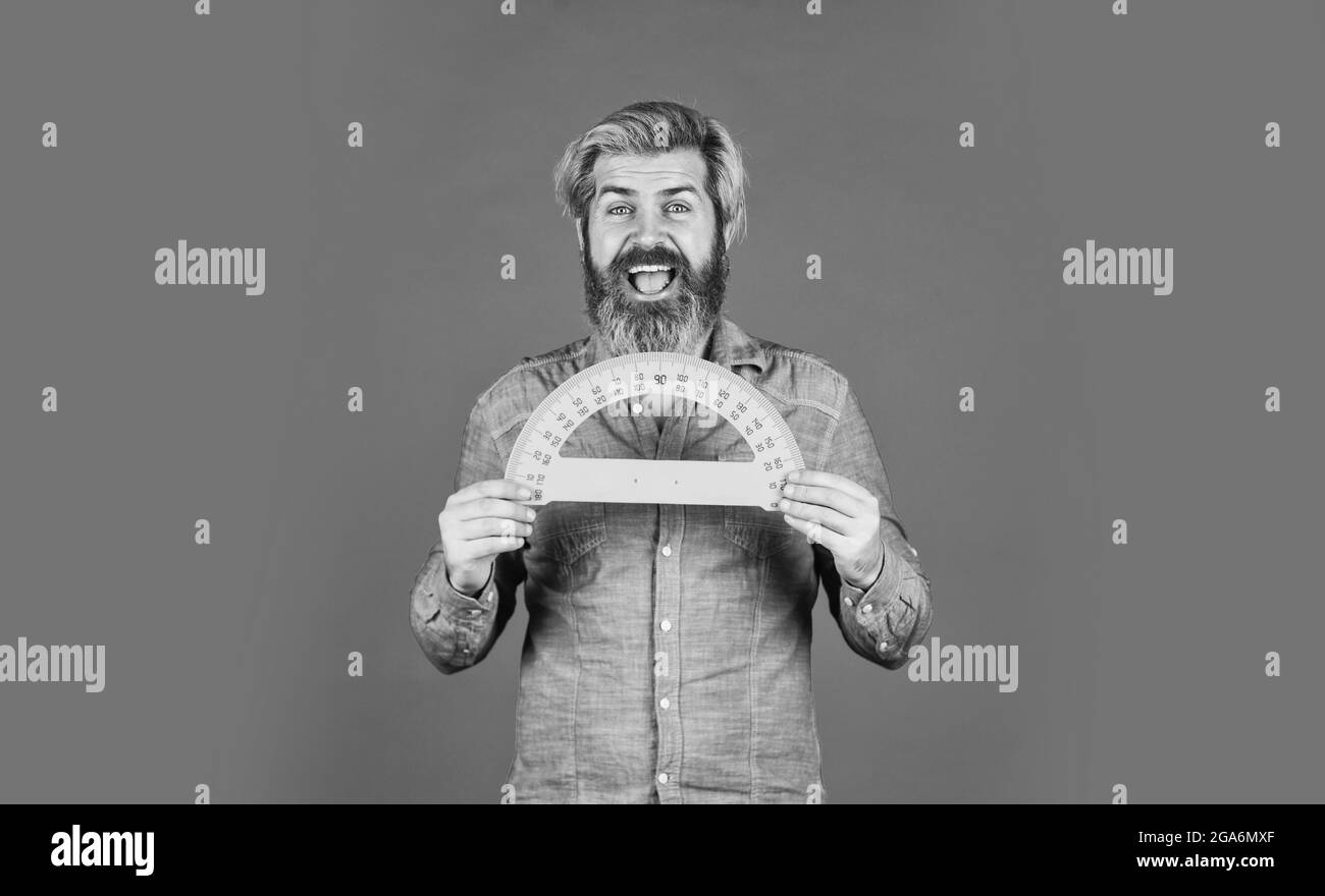 Teaching you. Bearded man use protractor. Education concept. Study hard ...
