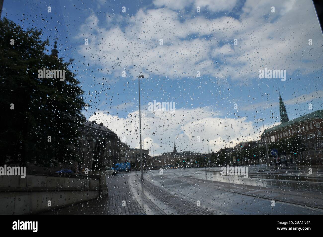 Copenhagen, Denmark., 29 July 2021, Rain falls in danish capital dark ...