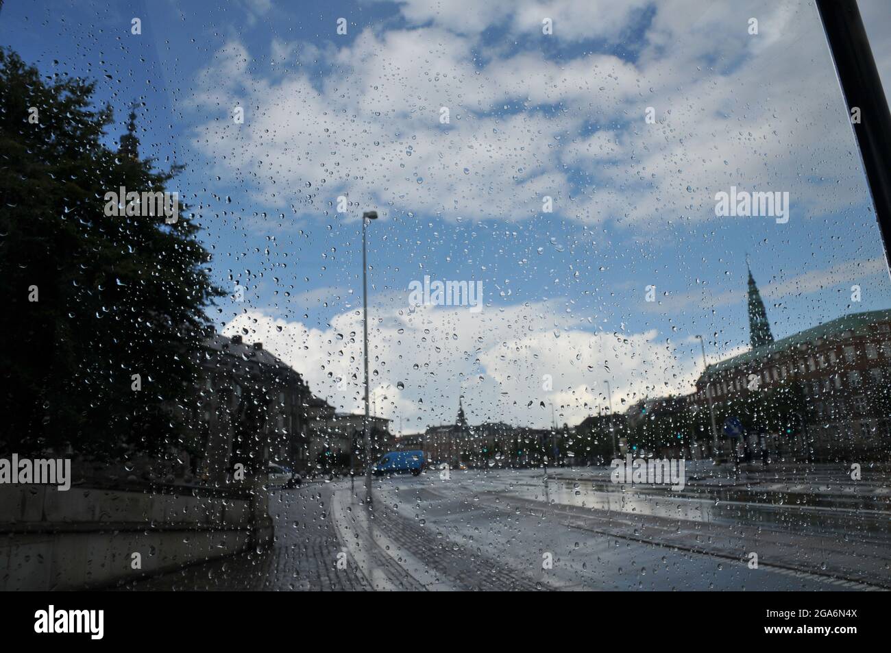 Copenhagen, Denmark., 29 July 2021, Rain falls in danish capital dark ...