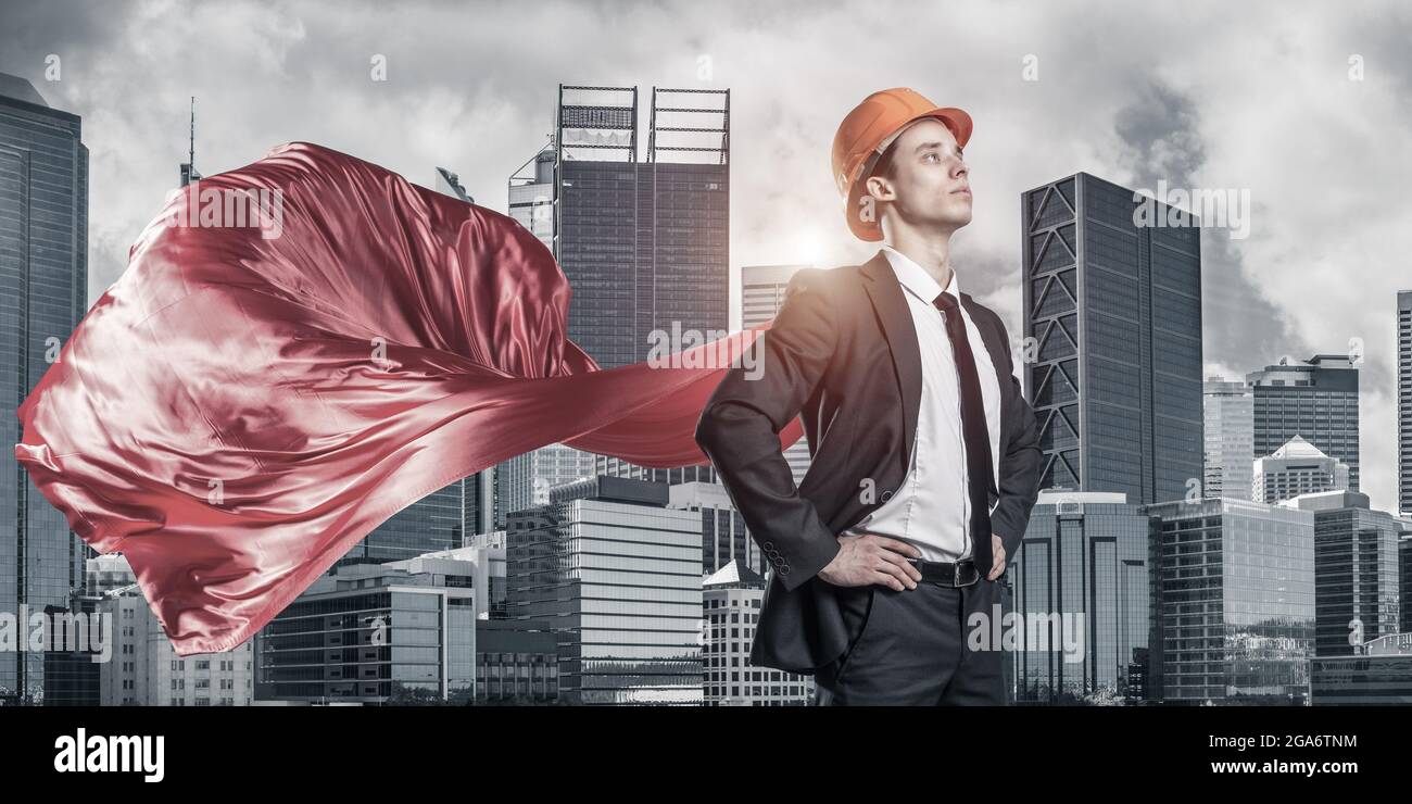 Concept of power and sucess with architect superhero in big city Stock ...