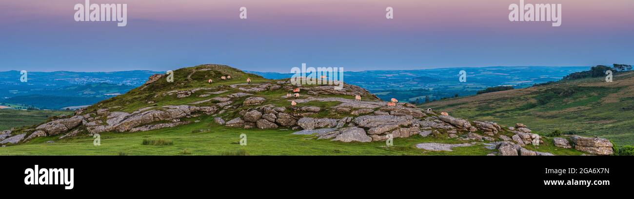 Sunset over fields in Haytor Rocks, Dartmoor Park, Devon, England Stock ...